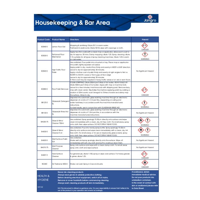 Jangro Housekeeping Cleaning Schedule Wall Chart - A3